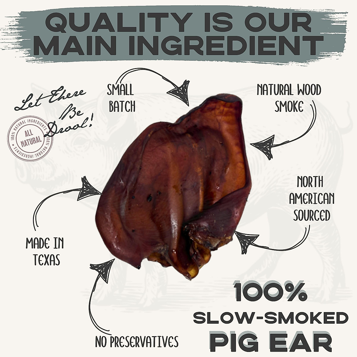 JACK'S PREMIUM Natural Pig Ears for Dogs - Large Ears - Made in The USA Wood Smoked, Preservative Free Dog Chew - Ideal for Small, Medium, and Large Dogs (18, Whole Pig Ear)