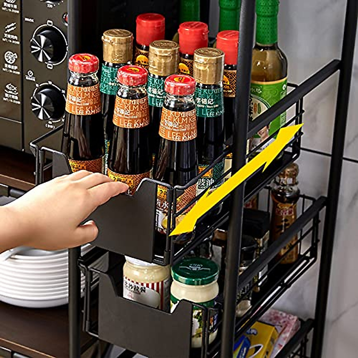 Home Multifunctional Storage Shelf with Lockable Wheels, 4 Tier Shelf+4 Tier Pull-out Storage Unit Materials Storage Rack Anti-collision Kitchen Organizer Rack for Bread, Kitchenware, Microwave