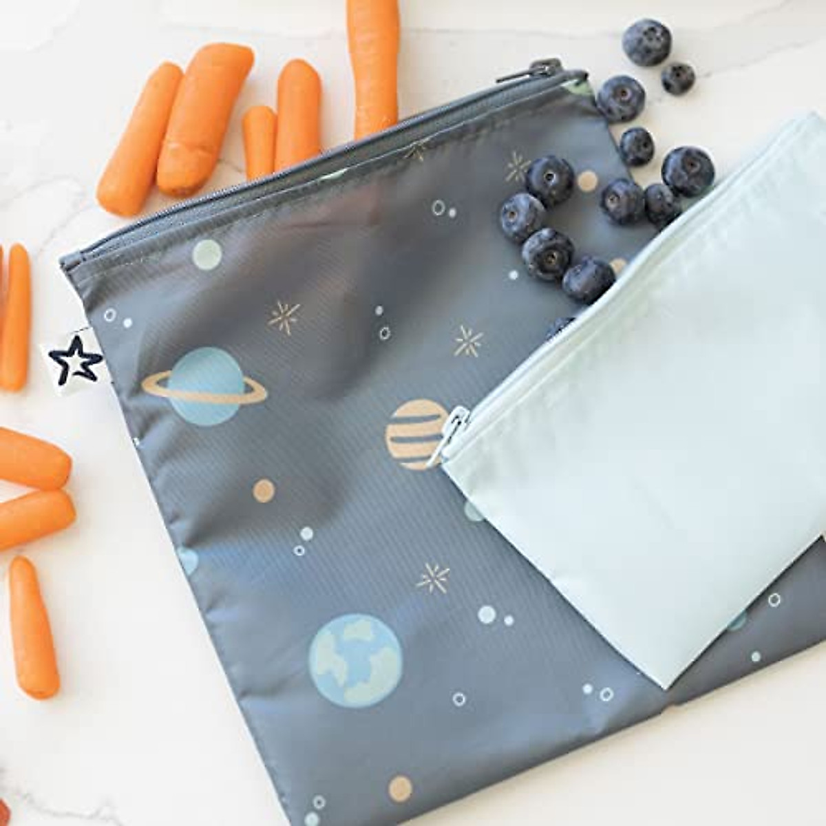 Tiny Twinkle 5 Pack Reusable Snack Bags - Machine Washable, PFAS, PVC, BPA, Phthalate-Free Reusable Baby and Toddler Food Safe Snack Bags (Space)