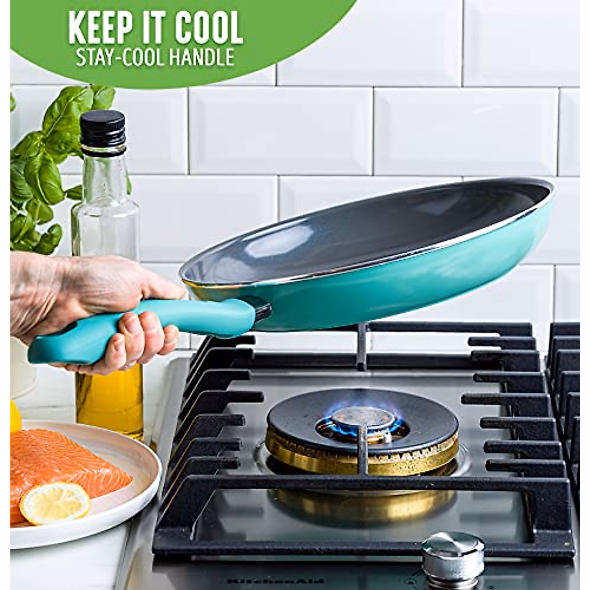 GreenLife Soft Grip Diamond Healthy Ceramic Nonstick, 11" Frying Pan Skillet with Lid, PFAS-Free, Dishwasher Safe, Turquoise