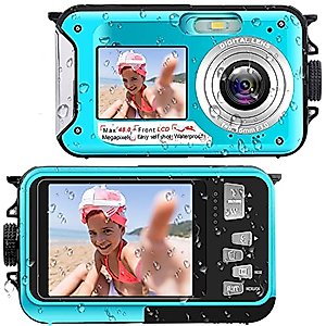 Waterproof Camera Compact Underwater Cameras 48MP 2.7K Full HD Video Recorder 10FT Selfie Dual Screens Waterproof Digital Camera for Snorkeling