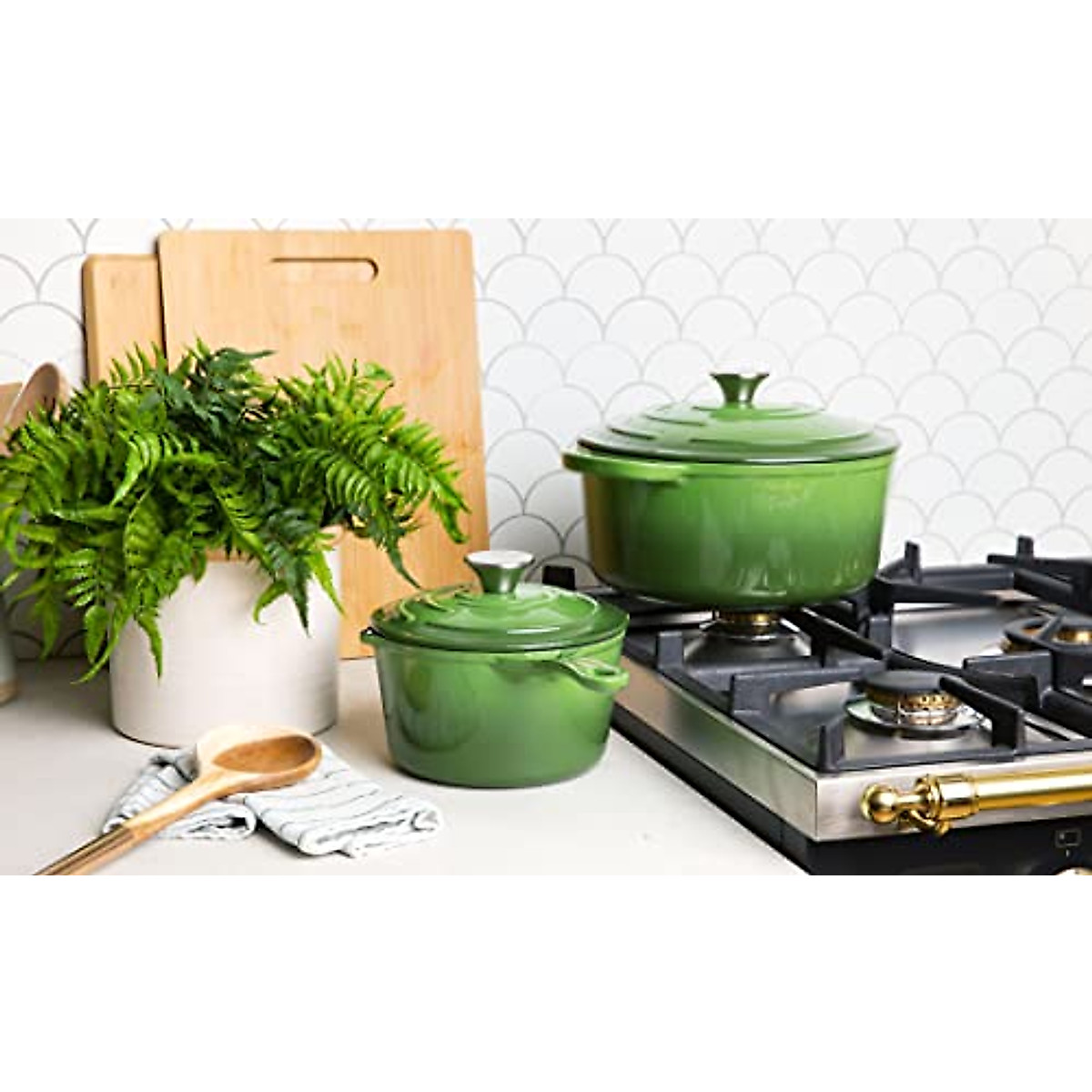 Larder & Vine 5 Piece Enameled Cast Iron Cookware Set, Oven Safe and Compatible with all Cooktops - includes 5.7 QT Dutch Oven and 2.2 QT Saucepan with lids and 10.25" Skillet (Okra)