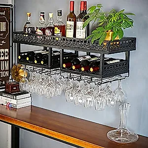 Industrial Wine Rack Cabinet Upside Down Wine Glass Bar Glass Rack Hanging Wall Wine Rack Include Wall-Mounted Wine Rack Wall Shelf 16-24 Wine Glasses Cases (39.4" x 11.8" x 11.8" Double Layer)