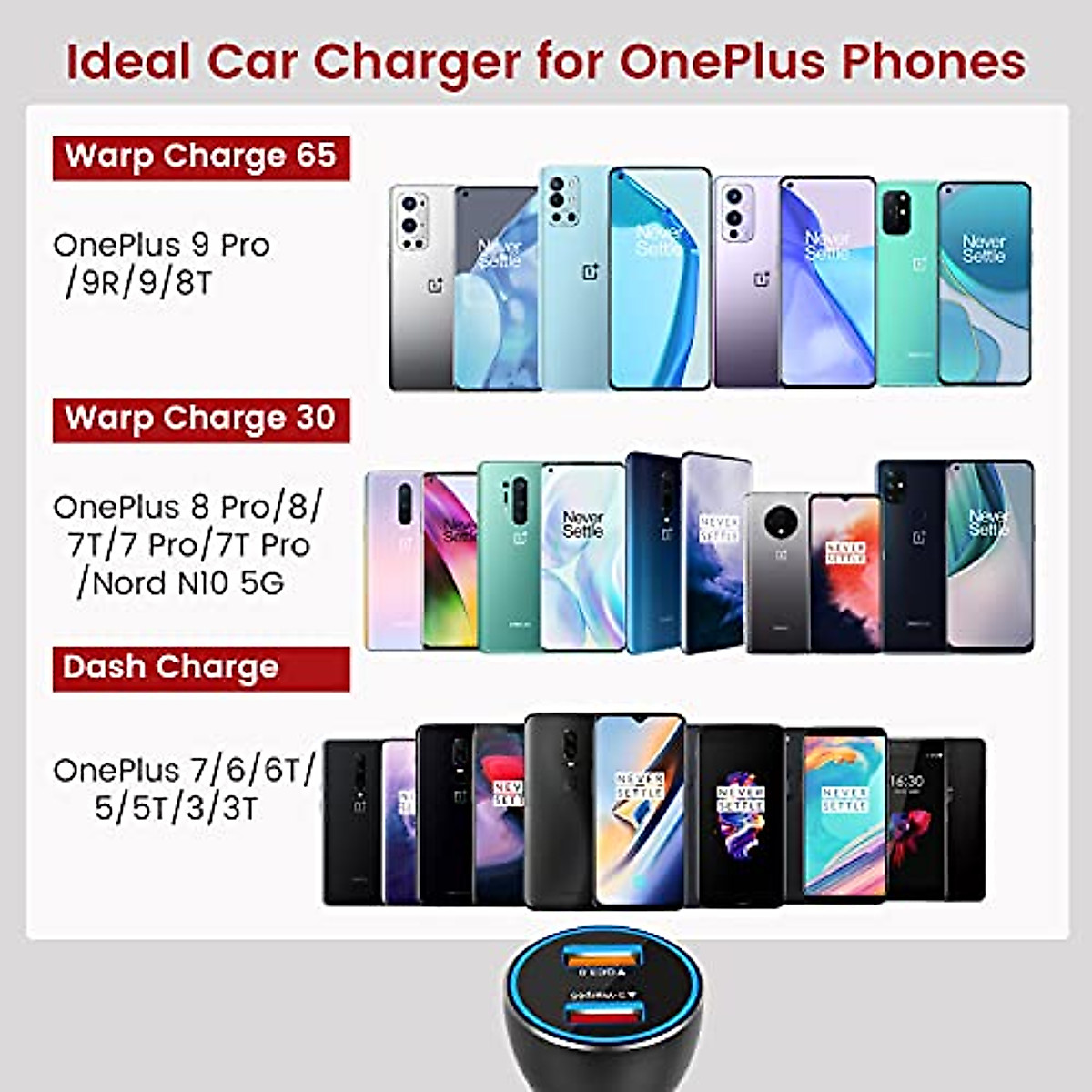 VELOGK 65W Warp Car Charger [10V/6.5A] for OnePlus 8T/9R/9/9 Pro/8 Pro/8/7 Pro/7T/7T Pro/6T/5T/Nord N10 5G, Warp Charge 65 Car Charger Adapter with USB A-to-C Warp Charging Cable (1M/3.3ft)