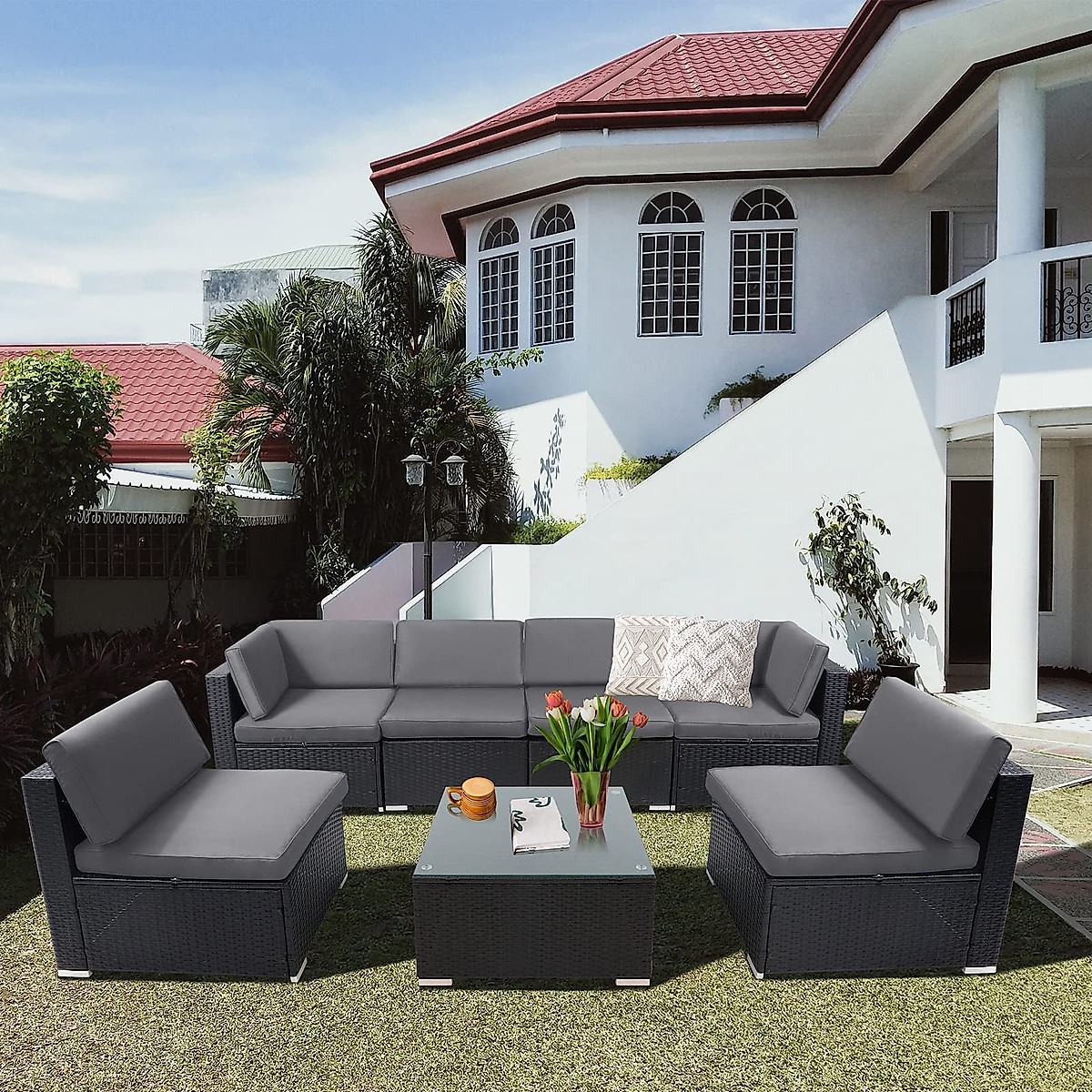Betterland 7 Piece Outdoor Sectional Sofa Patio Furniture Set, All-Weather PE Rattan Wicker Patio Conversation Set with Washable Cushion and Glass Table(Grey)