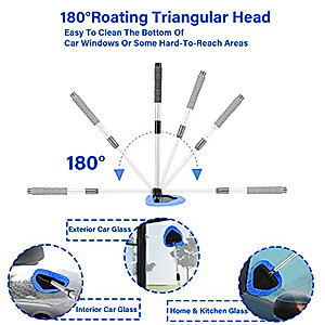 Windshield Cleaning Tool, Car Window Cleaner with 4 Washable Reusable Microfiber Pads, Extendable Long Handle Glass Wiper Cleaning Kit, Auto Accessories Universal for Office and Home (Blue)