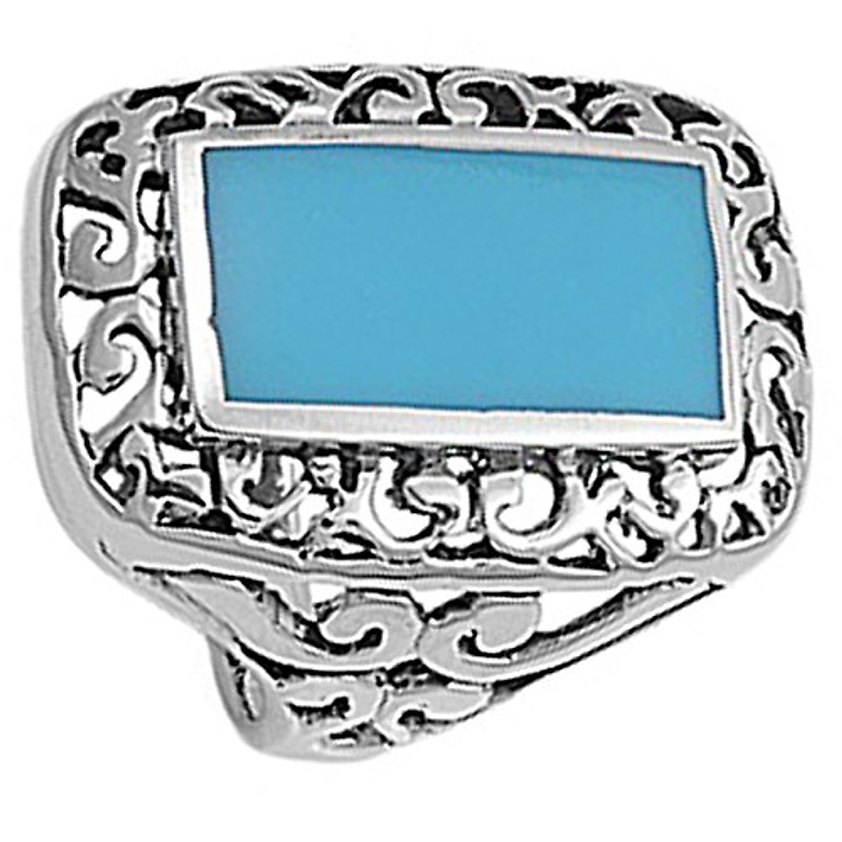 Simulated Turquoise Rectangle Filigree Oxidized Ring .925 Sterling Silver Band Size 8
