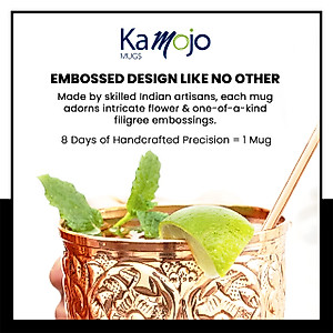Kamojo Moscow Mule Cups Set of 4 - Premium Moscow Mule Copper Mugs with Unique Embossed Design & Anti-Tarnish, Food-Grade Coating - Copper Cups Gift Set with 4 Copper Straws & Recipe E-Book, 16 oz