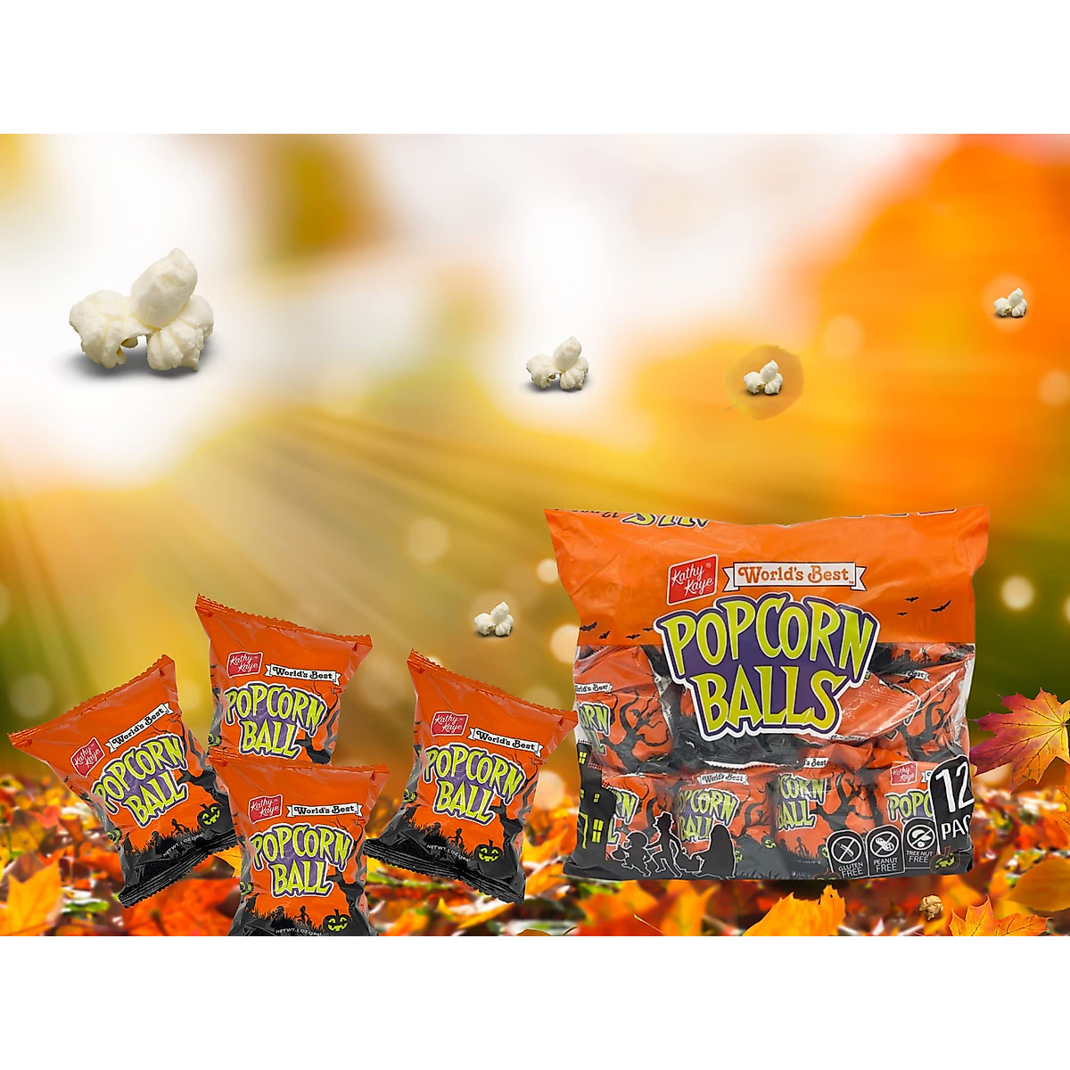 Halloween Popcorn | Popcorn Balls Individually Wrapped | Limited Edition Non Candy Seasonal Flavored Snacks and Treats for Parties Trick or Treating | Reusable Tote | 12 Ct Bundle Set