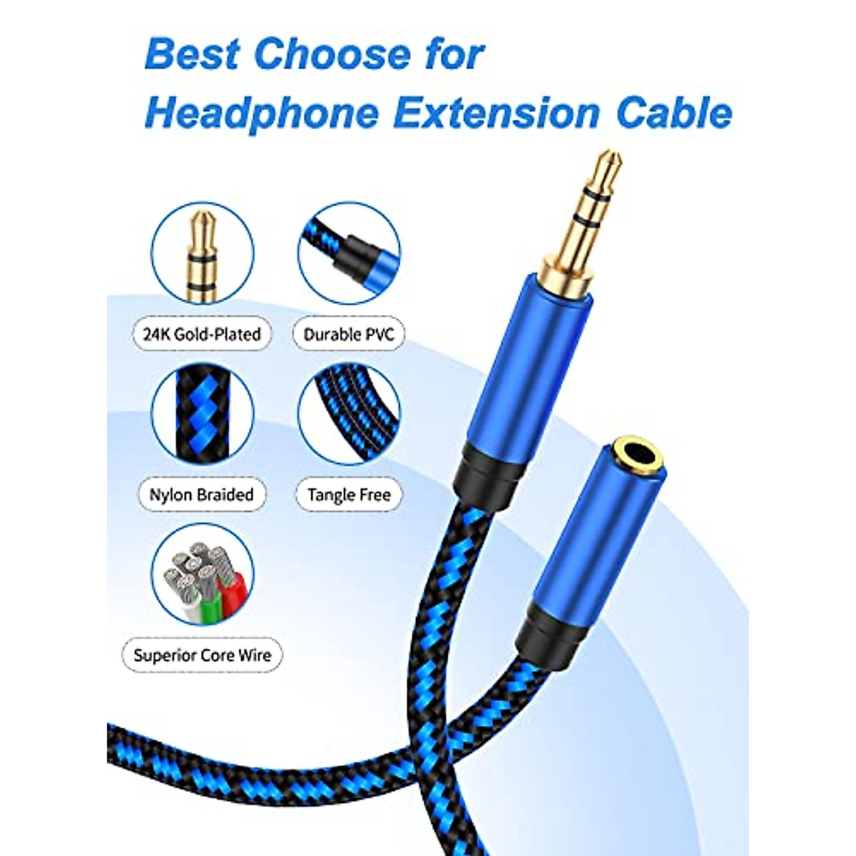 NC XQIN Headphone Extension Cable 1ft, 3.5mm Extension Nylon Braided Aux Extension Cable 3.5mm Audio Cable Extension 3.5mm Male to Female Audio Stereo Cable Compatible with Headphone Speaker