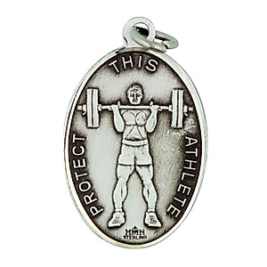 Sterling Silver Saint Sebastian Male Weight Lifting Sports Athlete Medal, 1 1/16 Inch