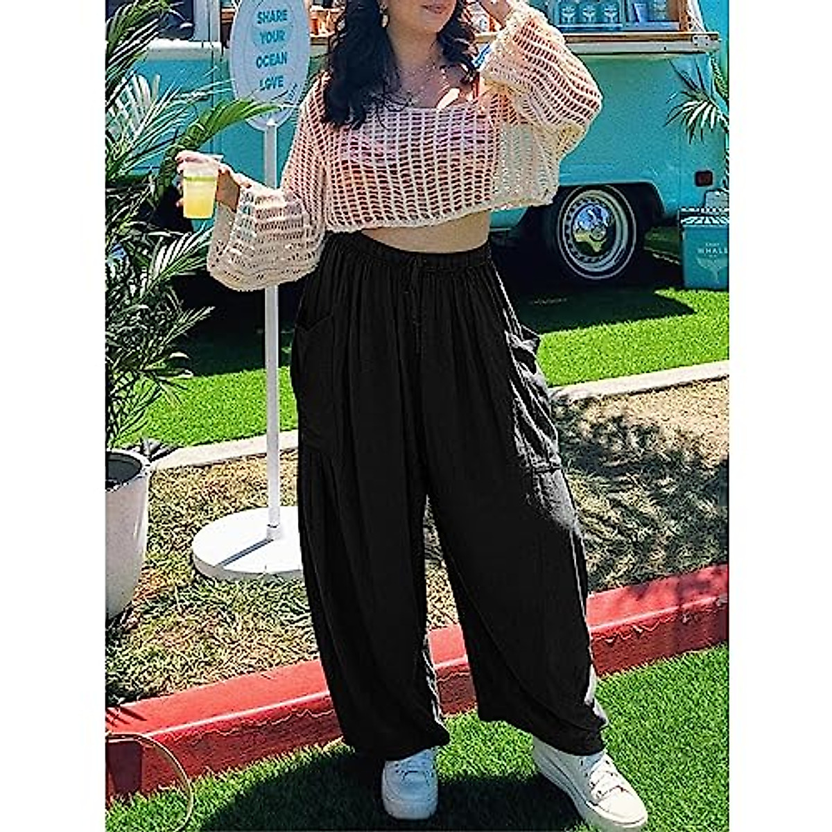 Aiwpstoin Women Wide Leg Linen Pants Summer Casual Drawstring High Waisted Palazzo Harem Pants with Pockets (as1, Alpha, x_l, Regular, Regular, Black)