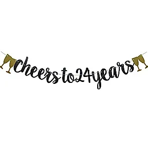 Cheers To 24 Years Banner,Pre-Strung, Black Paper Glitter Party Decorations For 24TH Wedding Anniversary 24 Years Old 24TH Birthday Party Supplies Letters Black ZHAOFEIHN