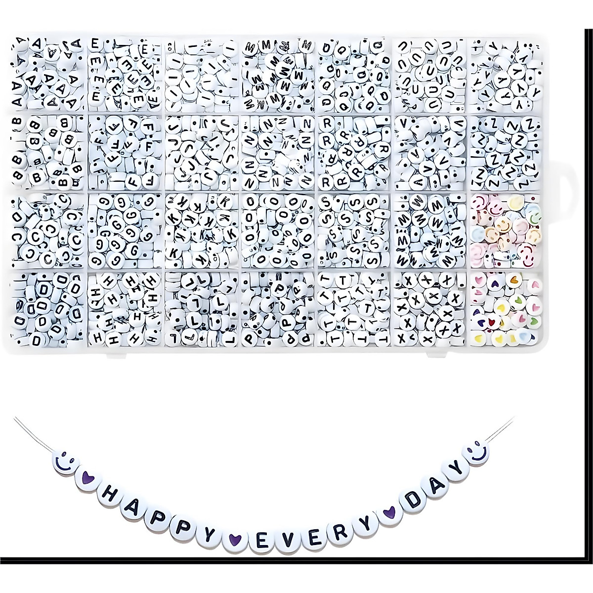 YMSDZHL Alphabet Beads A-Z 1200+Pcs Letter Beads, Acrylic 4x7mm Round Letter Beads Kits,Black Digit and Colorful Smile Beads for Bracelets Necklaces DIY Jewelry Making (Black,1200+PCS)