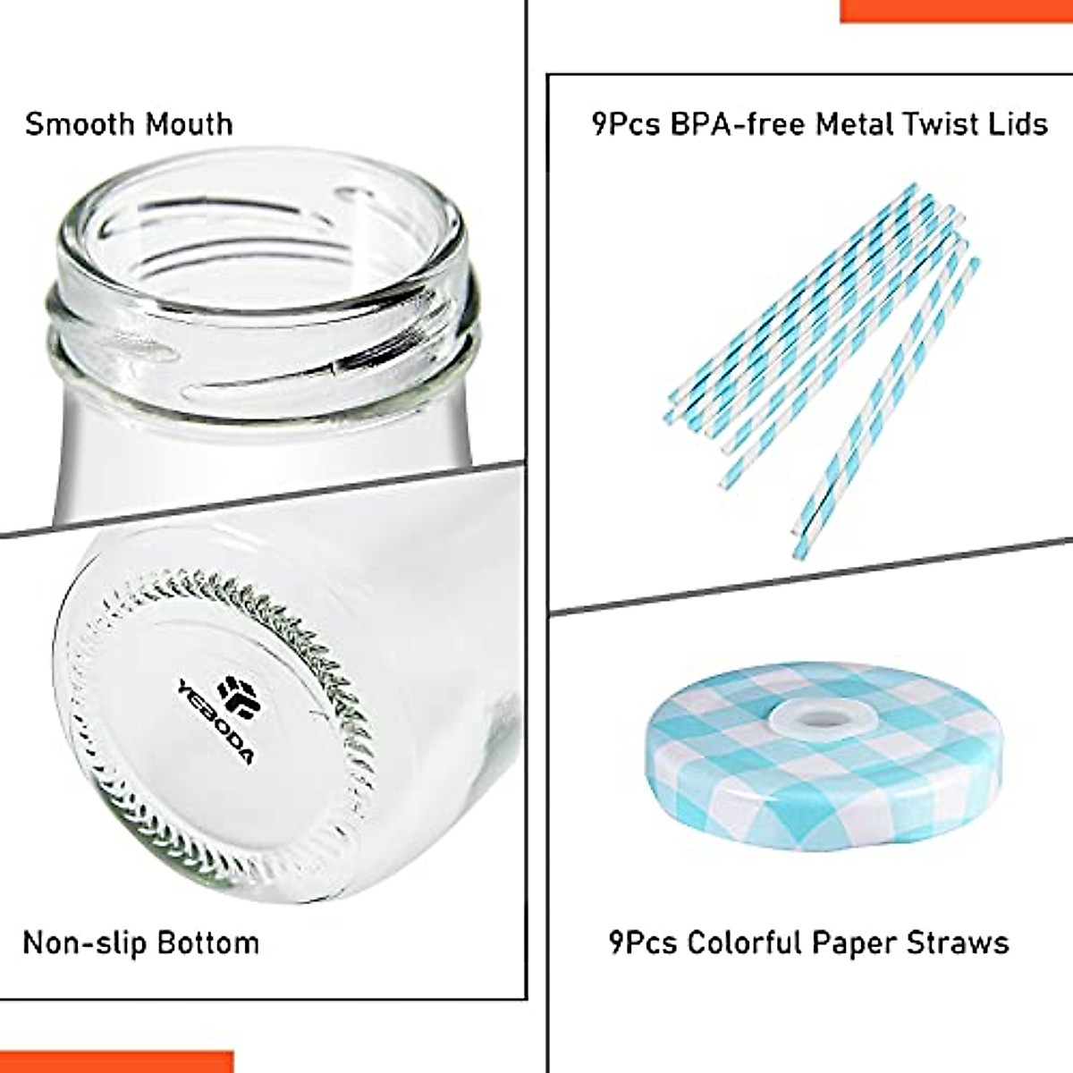 YEBODA 11oz Glass Milk Bottles with Reusable Metal Twist Lids and Straws for Beverage Glassware and Drinkware Parties, Weddings, BBQ, Picnics, Set of 9