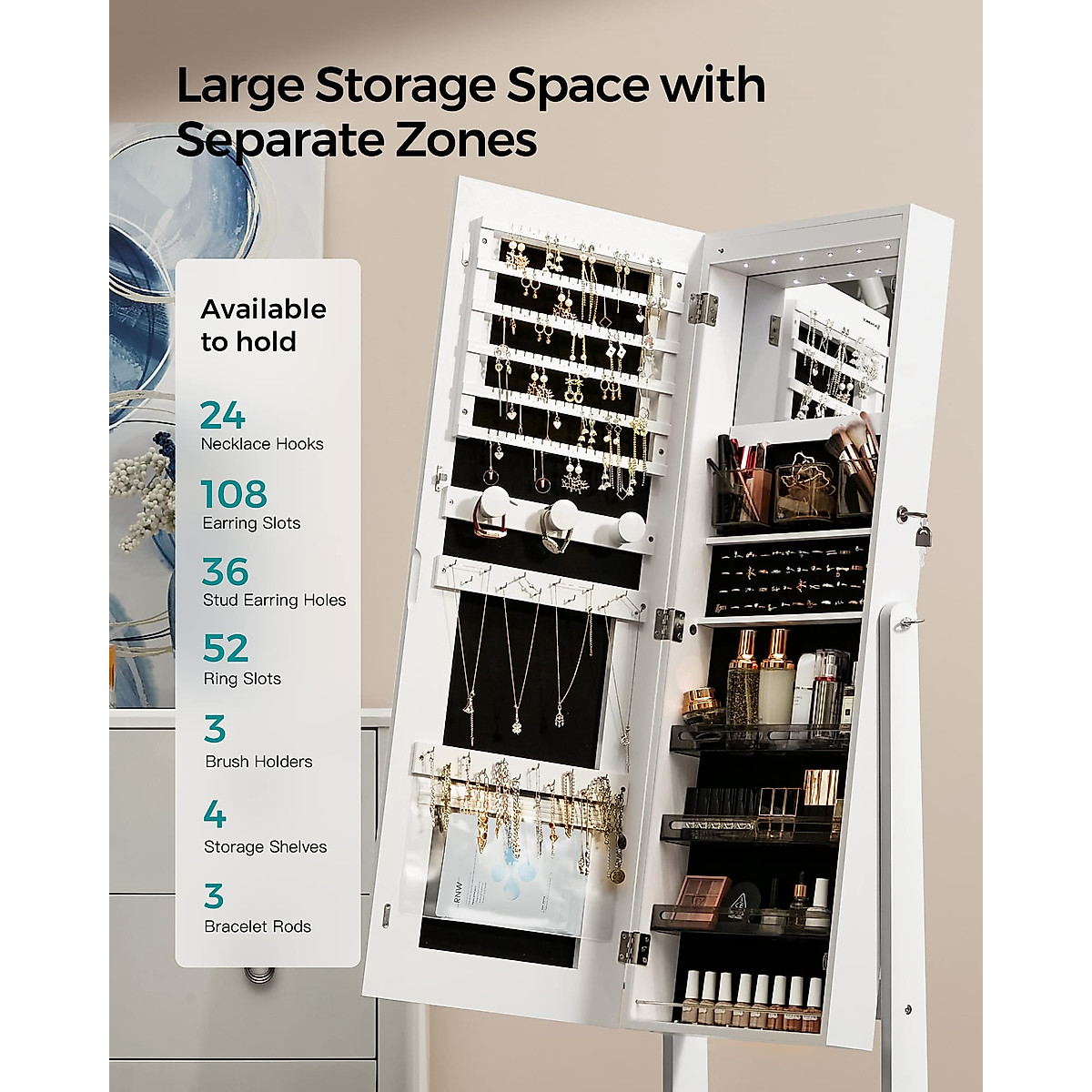 SONGMICS LED Mirror Jewelry Cabinet, Adjustable Brightness and 3 Shades of Light, Standing Jewelry Armoire with Full-Length Mirror, Jewelry Organizer with Built-in Mirror and Lights, White UJJC016W01