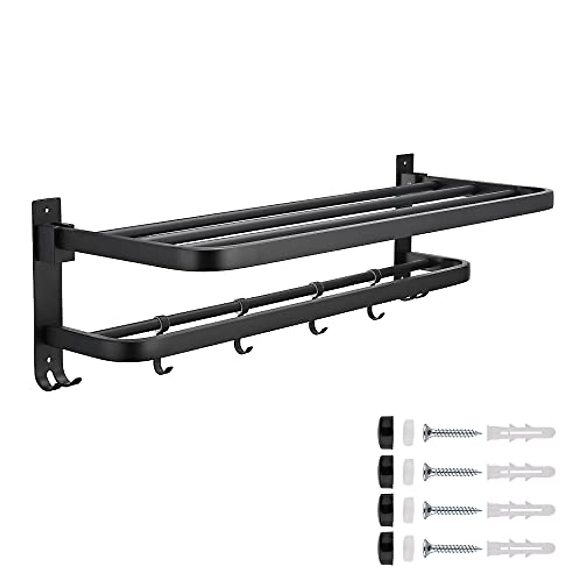 Yescom Foldable Towel Rack with Towel Hooks and Adjustable Towel Bar for Bathroom Wall Mounted 24 Inch 304 Stainless Steel Shelf Matt Black