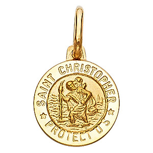 14K Yellow Gold St. Christopher Medal Pendant Necklace Protect Us Charm with 1.2mm Flat Open Wheat Chain - 22"