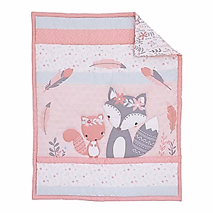 Little Love by NoJo Desert Flower - Fox and Feathers Pink, Grey and Aqua 3 Piece Crib Bedding Set- Comforter, Fitted Crib Sheet, Dust Ruffle