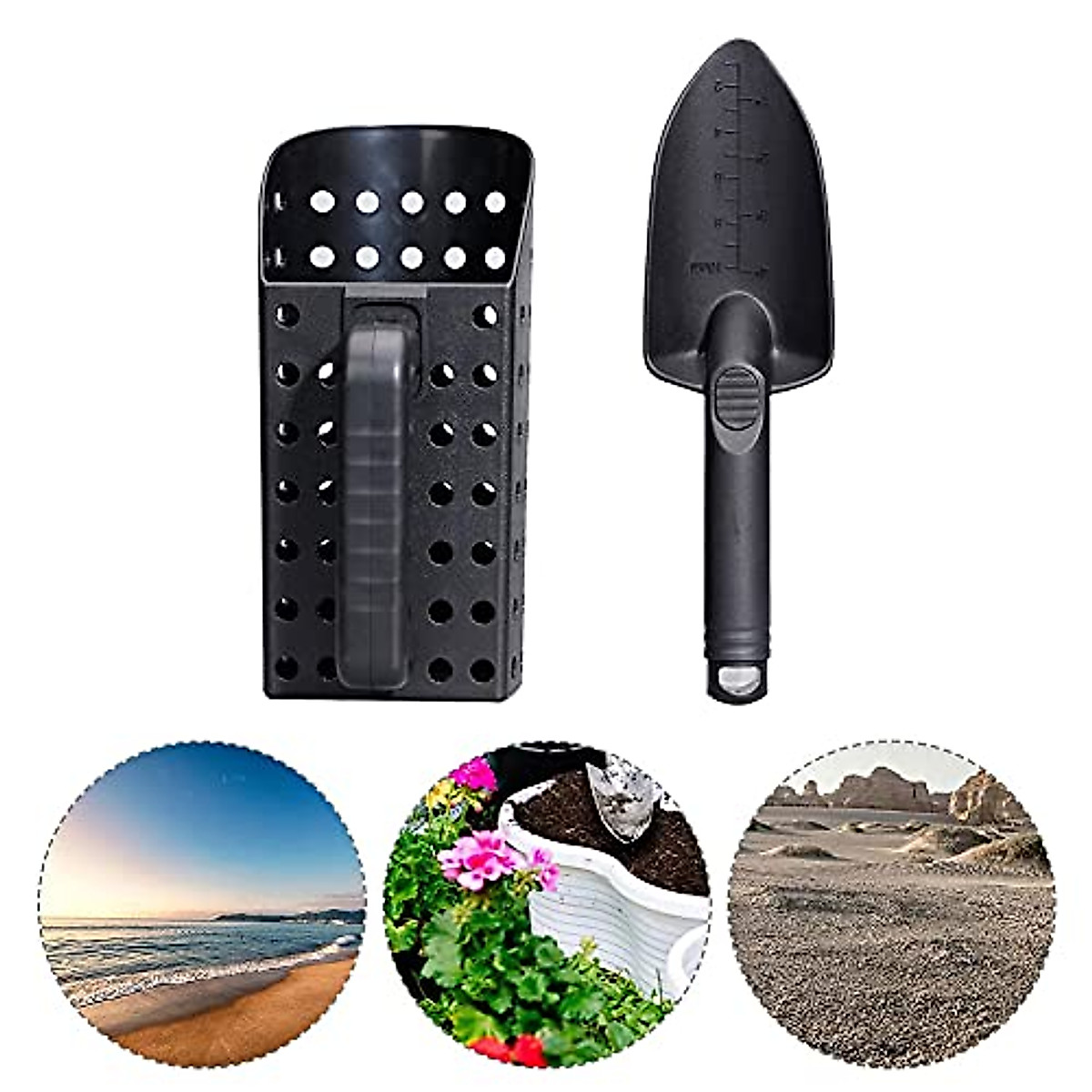 Sand Scoop and Shovel Set, Hand Treasure Hunting Tool Metal Detector Accessories for Patio, Lawn & Garden (2pcs)(black)