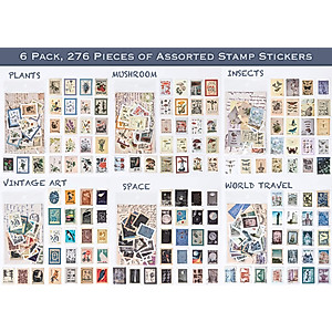 Vintage Postage Stamp Stickers Set (276 Pieces) - Botanical Deco Sticker for Scrapbooking, Bullet Journaling, Junk Journal, Planners, Bujo Travel Diary, Nature Plant Ephemera