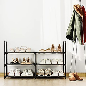 HODYANN 3 Tiers Shoe Rack, 12-15 Pairs Shoe Rack Organizer, Space Saving Non-Woven Fabric Metal Shoe Shelf, Stackable Shoe Rack for Closet, Black (Black3-D)