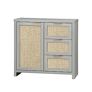 OAKHAM HOME Hampstead 3 Drawer Storage Cabinet Accent Storage Cabinet with Rattan Drawers, Buffet Kitchen Cabinet Sideboard Buffet with Adjustable Interior Shelves for Living Room, Hallway, Pale Oak