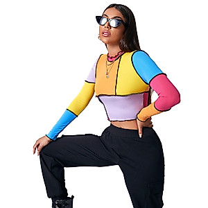 SweatyRocks Women's Color Block Ribbed Knit Slim Fitted Long Sleeve Crop Tee Shirt Top Tie Dye Orange Purple S