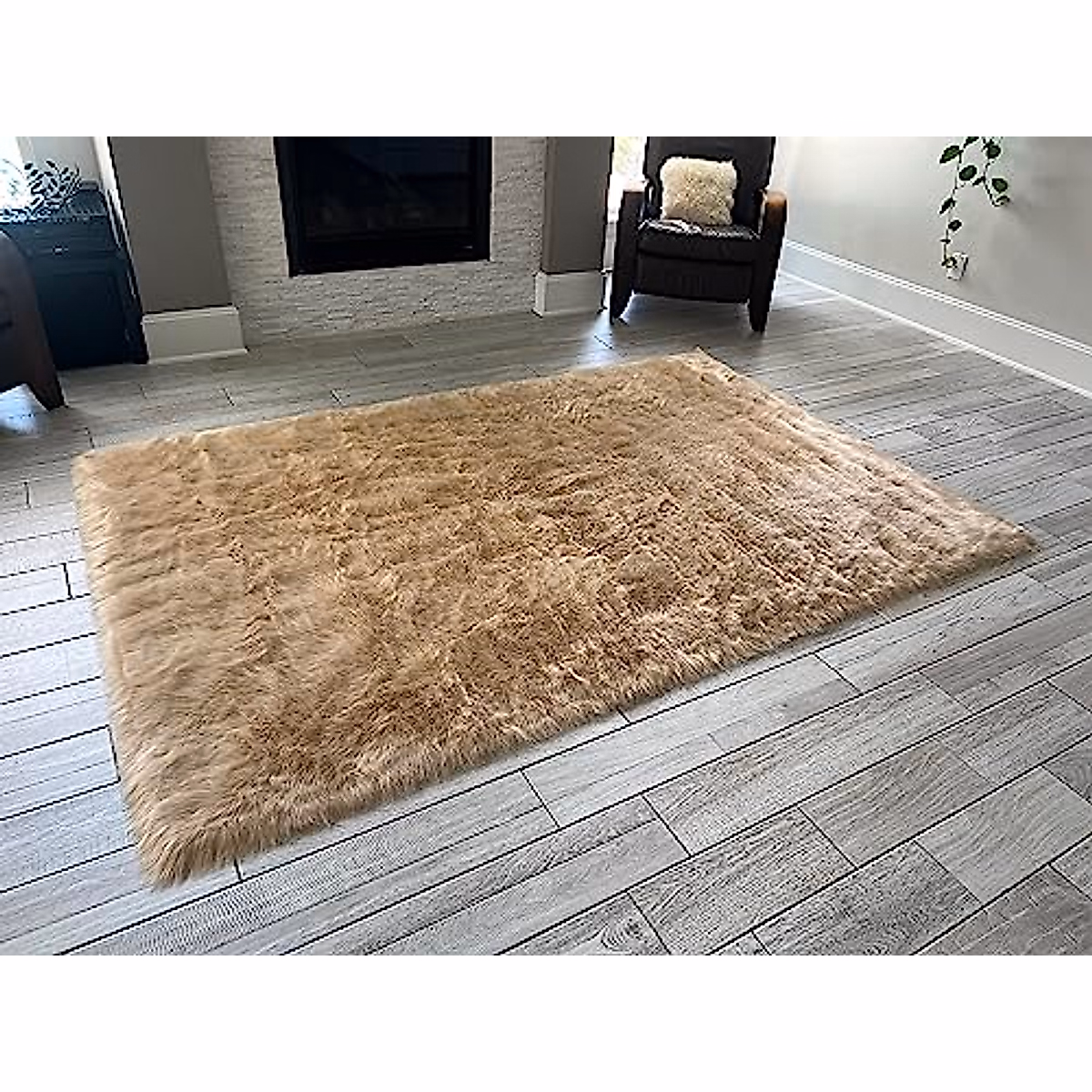 LAMBZY White Brown Tips Faux Fur Rug 3’6”x5’6” Bedroom Wool Rug Soft Hypoallergenic Carpet Large Silky Shag Area Rug Washable Rug Soft Furry Rug Luxury Rug for Home Decor Sofa Living Room Kids Room