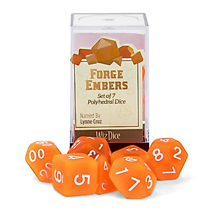 Wiz Dice Forge Embers Set of 7 Polyhedral Dice, Semi-Translucent Matte Finish Hunter Orange Tabletop RPG Dice with Clear Display Box