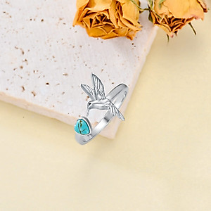 BETHZA Turquoise Hummingbird Rings for Women 925 Sterling Silver Genuine Heart Turquoise Adjustable Hummingbirds Ring Jewelry Gift for Birthday Christmas