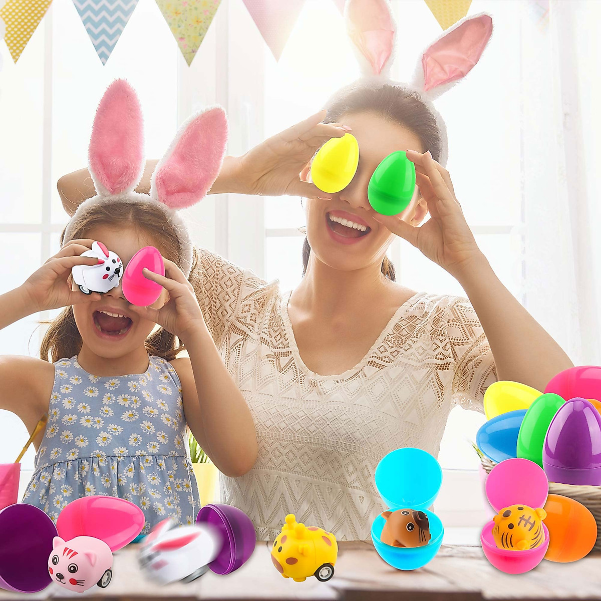 Haconba 24 Pack Easter Eggs Prefilled Stuffed with 24 Pack Mini Easter Rabbit Animal PullBack Toy Cars Inside for Easter Gifts Easter Theme Party Eggs Hunt Game Chest Toys