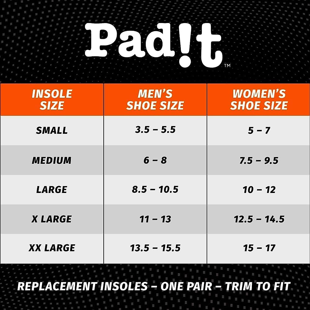 Pad!t Performance Insoles, EVA Foam Replacement for Sneakers, Boots, Flats, Cleats, and More, Shock Absorption and Balance Improvement, Washable - One Pair, Trim to Fit, Large