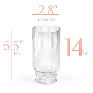 Vintage Art Deco Collins Ribbed Cocktail Glasses | Set of 4 | 14 oz Crystal Highball Glassware for Drinking Mojito, Tom Collins, Classic Hi Ball Bar Drinks | Skinny Tall Barware Tumblers