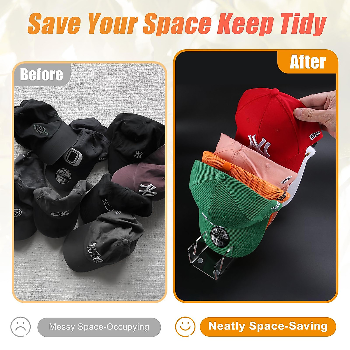 Sloworld Hat Stand for Baseball Caps, 2 Pcs No Install Acrylic Hat Organizer for 14 Baseball Caps, Hat Racks for Baseball Caps Display and Organizer for Bedroom, Closet, Dresser, Office (clear*2)