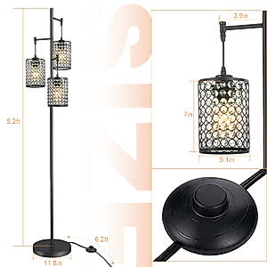 EE Eleven Master 3-Light Industrial Floor Lamp for Farmhouse, Elegant Crystal Tall Standing Light with On/Off Switch, Sturdy Base Tree Black Pole Light Great for Living Room Bedroom Office Home