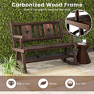 Tangkula Patio Rocking Bench, Carbonized Wood Double Rocker Chair with Ergonomic Seat, 2-Person Solid Wood Rocking Loveseat for Backyard, Porch, Garden, Rustic Farmhouse Style (1, Rustic Brown)