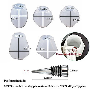 JOFAVIU 10 Pcs Resin Wine Bottle Stoppers Molds Set, Wine Stopper Silicone Molds for Epoxy Resin, Stopper Epoxy Resin Silicone Molds Set Kits (5 Molds with 5 Stoppers)
