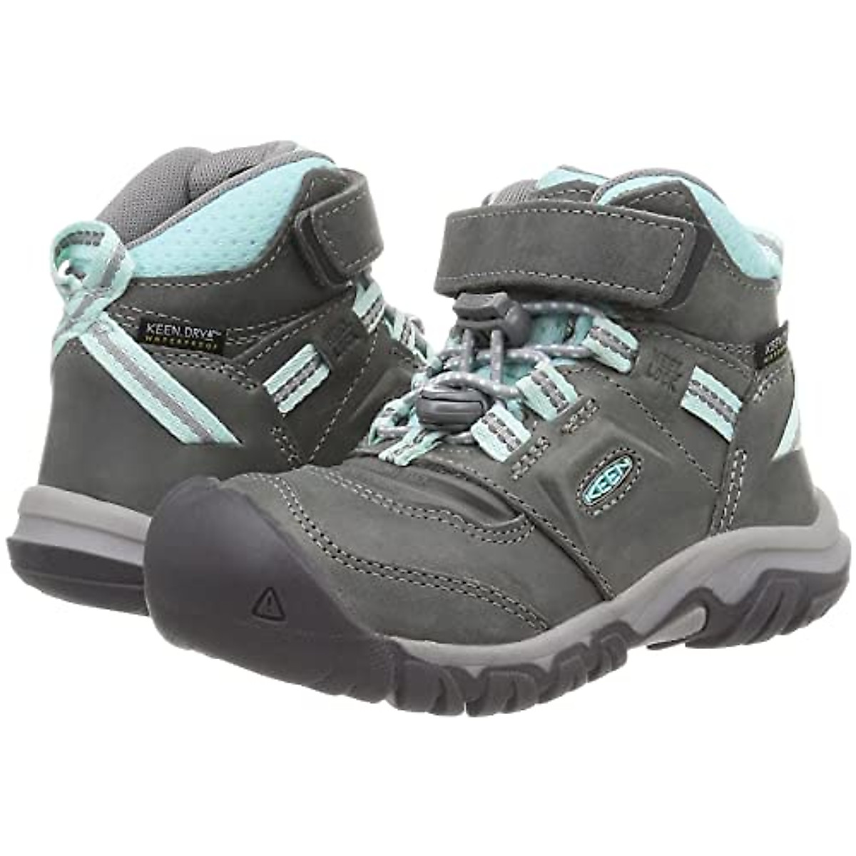 KEEN Ridge Flex Mid Height Waterproof Leather Hiking Boots, Grey/Blue Tint, 2 US Unisex Big Kid