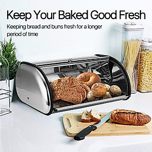 Flexzion Stainless Steel Bread Box for Kitchen Countertop (13 inch) Metal Bread Storage with Roll Up Lid & Front Window for Restaurant & Homemade Cakes, Buns, Pastries, Pancakes, Cookies