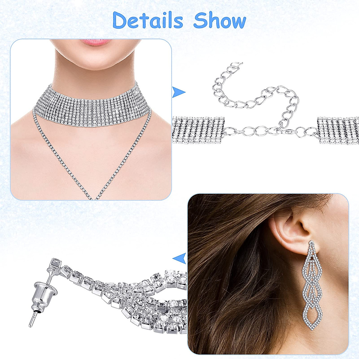 Fumete 4 Pcs Rhinestone Jewelry Set Bling Diamond Choker Necklace Bracelet Ring Earrings Set for Women Party Costume Jewelry