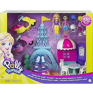Polly Pocket Perfectly Paris Playset with 3-in Polly and Shani Dolls, 2 Scooters, 2 Helmets, Eiffel Tower, Fountain, Cafe, Table & 2 Chairs; For Ages 4 Years Old & Up [Amazon Exclusive]