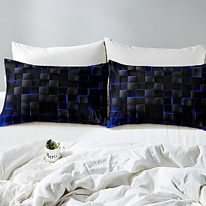 Geometric Grid Duvet Cover Set Queen Size, Royal Blue and Black Checkered Bedding Cover, Men Women Room Decor, Modern Abstract Check Plaid Square Bed Sets for All Season, 2 Pillowcases, No Comforter