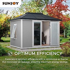 Sunjoy Office Shed for Outdoor, Tiny House 10'x12.6' She Shed, Backyard Office, Multipurpose Outdoor Room, Home Gym with Floor, 2 Windows and Lockable Doors