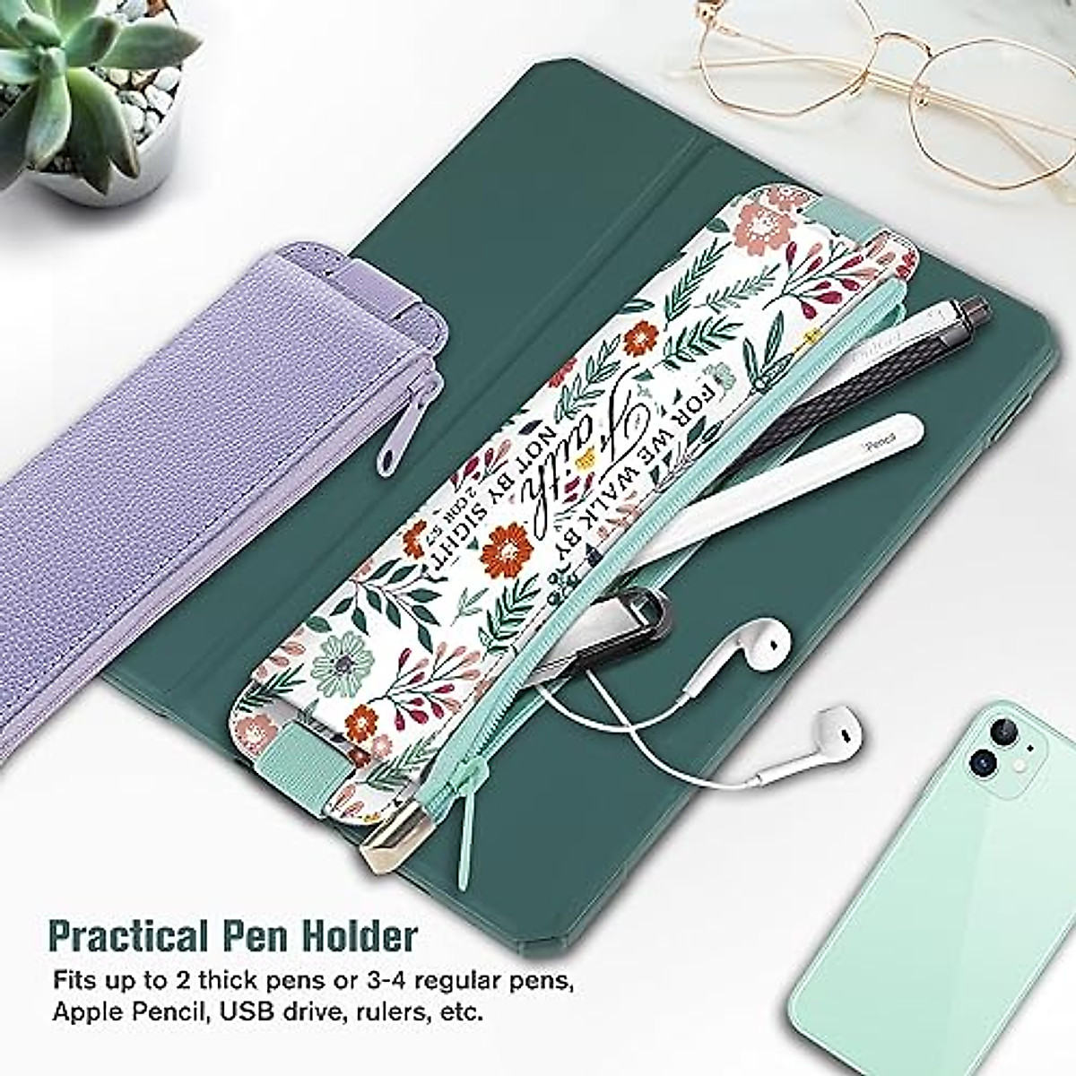 FINPAC 2-Pack Elastic Pencil Case for Notebook, Leather Pen Holder Stationery Zipper Bag for Pencils, Markers, Pen Pouch w/Elastic Band for Bible Journaling, Planners, Tablets (Spring Bloom & Lilac)