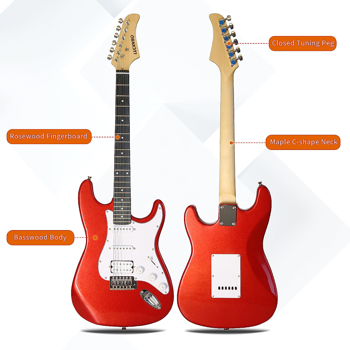 LUCKWBQ 39in Full Size Electric Guitar Beginners Kit,Electric Guitar Starter Kit，Red w/Aceesccories, Bag, Picks, Strap, 6 Strings, Tremolo Arm - Guitarra Electrica for Starters, Adults, Kids, Travel