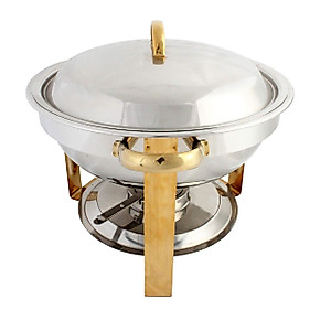 Thunder Group SLRCF0831GH Chafer, 4 Quart, Round, Lift-Off Cover, Fuel Holder, Gold Accents, Stainless Steel