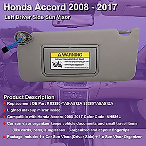 Left Driver Side Sun Visor Compatible with Honda Accord 2008 2009 2010 2011 2012 2013 2014 2015 2016 2017 with Light OEM : 83280-TA5-A51ZA (Grey)