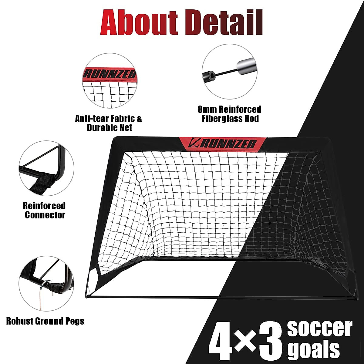 L RUNNZER Kids Soccer Goals Set of 2, Soccer Nets for Backyard Practice or Indoor Games, Easy Assembly and Storage with Carry Case,4ft*3ft,2 Set Black