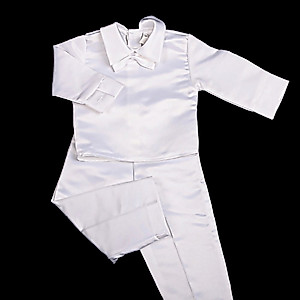 Dressy Daisy Newborn Baby Boys Baptism Christening Clothing Outfit White Satin Suit 4 Piece Set with Bonnet Size 0 Months Long Sleeve